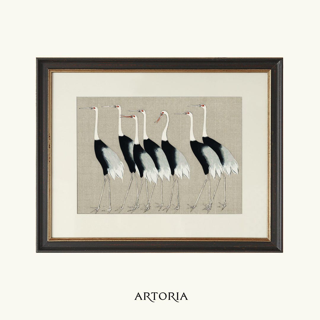 Japanese Bird Drawing Print | Flock of Heron Wall Art | Egret Painting ...