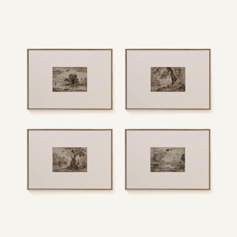 Set of Four River Landscape Prints | Vintage Transitional Beige Wall ...