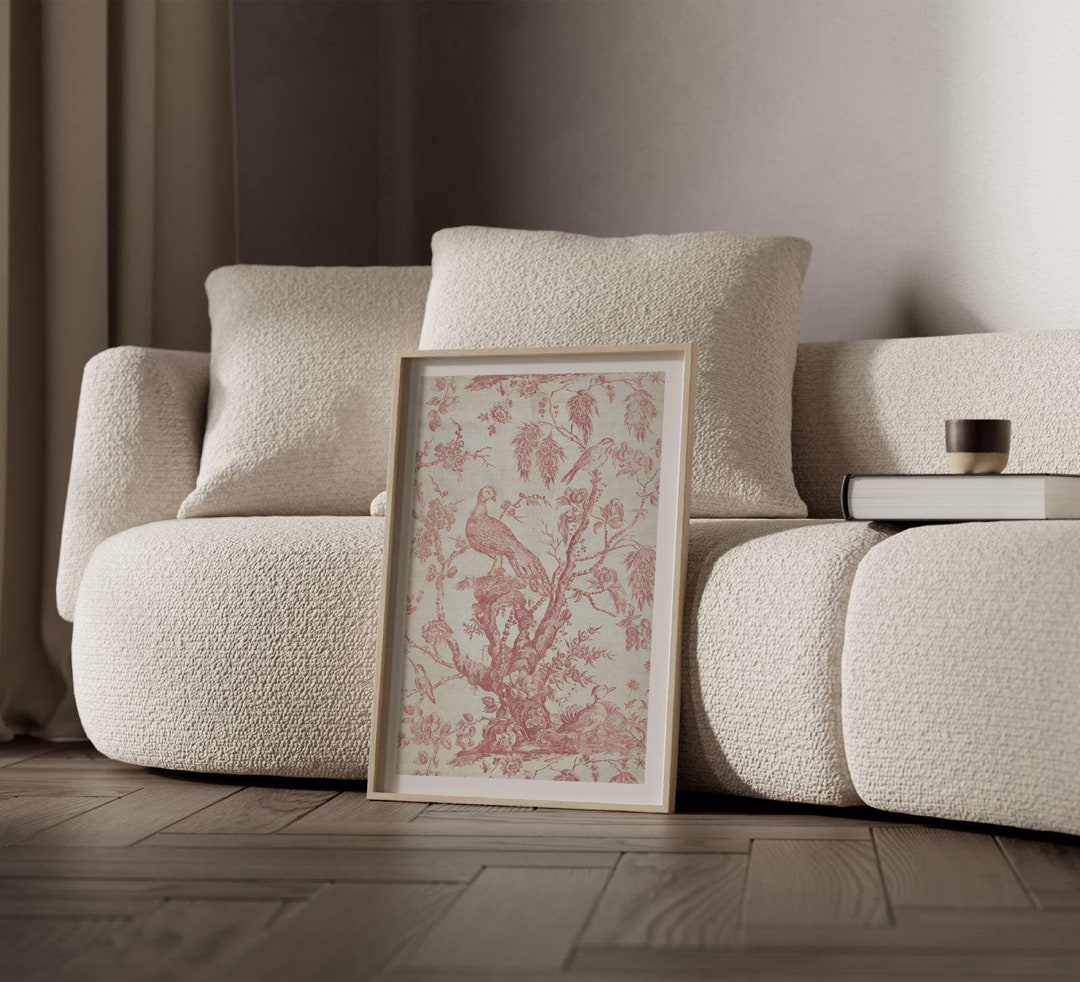 Vintage Chinoiserie Print Wall Art 1700s French Fabric Design Pale Red ...