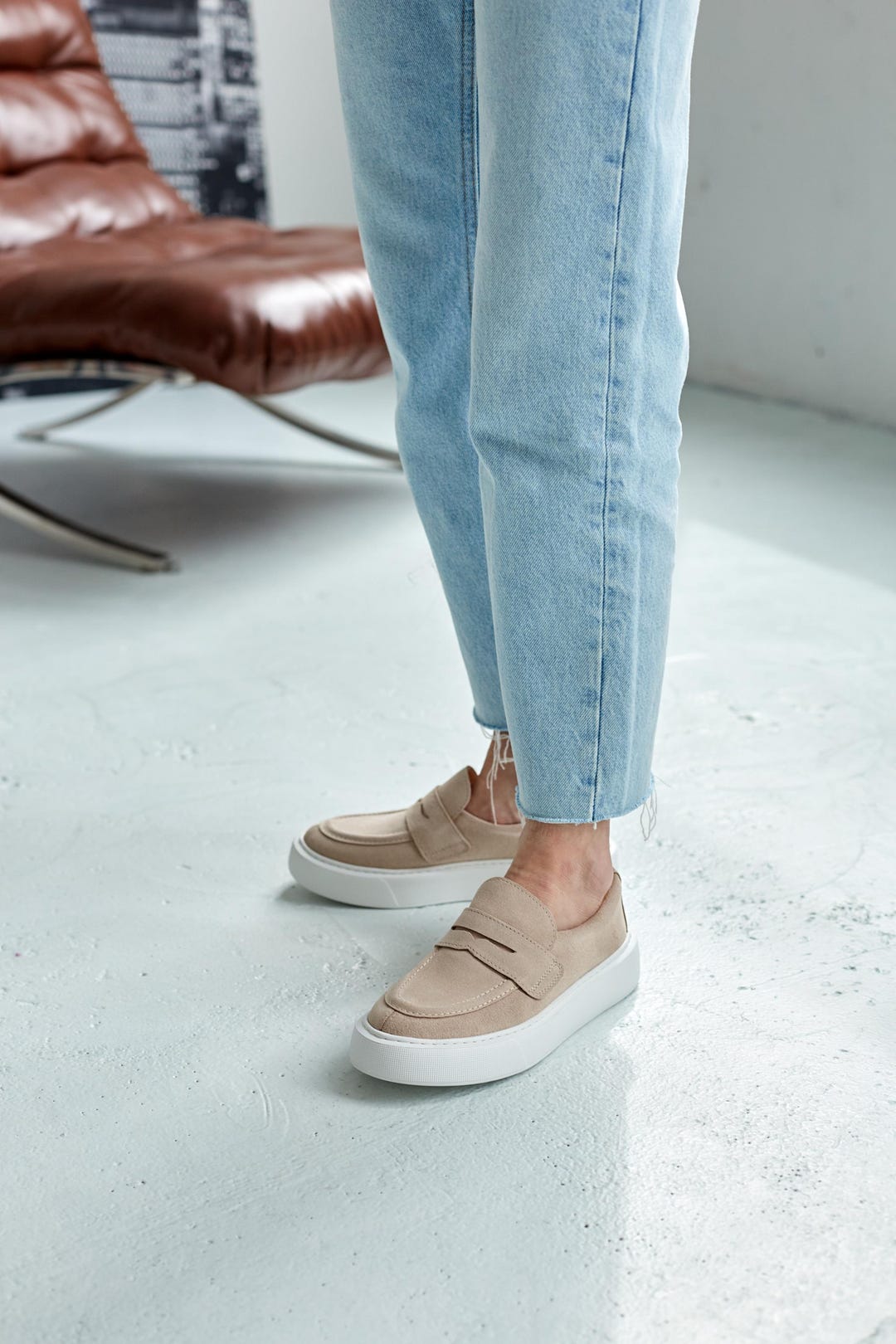 Classic Leather Loafers Beige, Handmade Women’s Slip-on Shoes ...