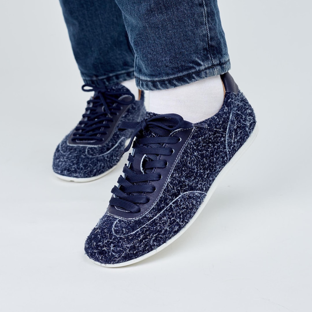 Women's Navy Blue Fuzzy Suede Leather Sneakers, Natural Leather Lining ...