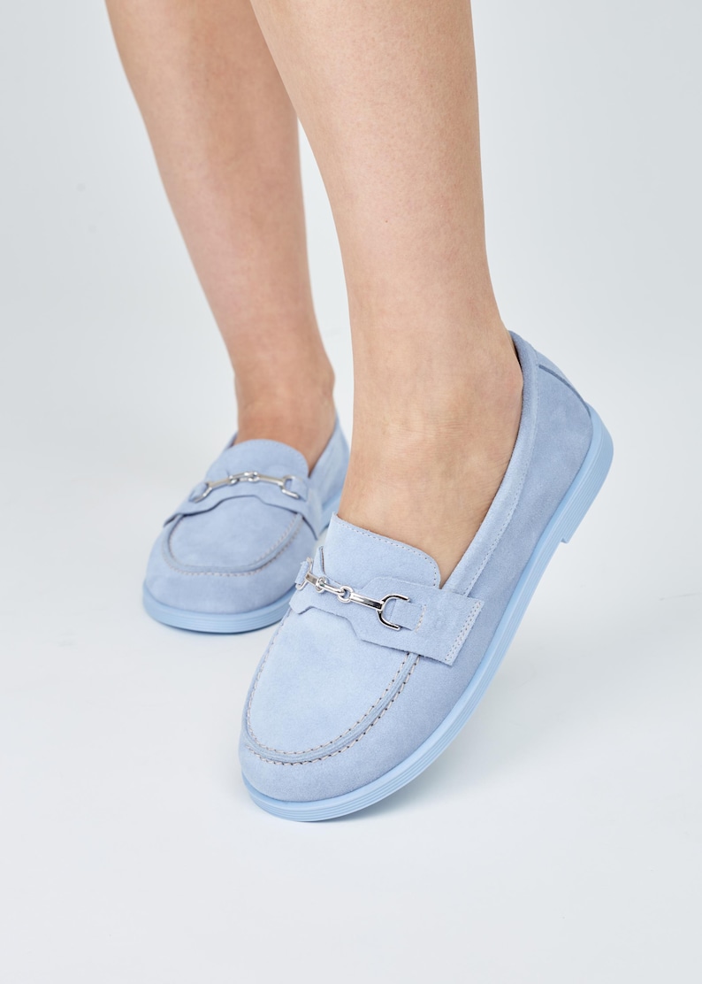 Light Blue Suede Loafers, Women's Natural Leather Casual Shoes ...