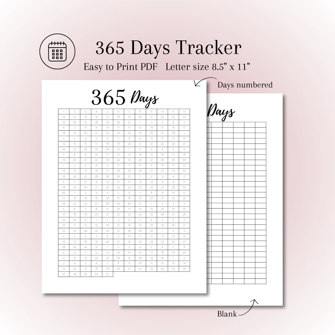 365 Days Tracker Printable PDF Year Calendar Goals Tracker Planner ...