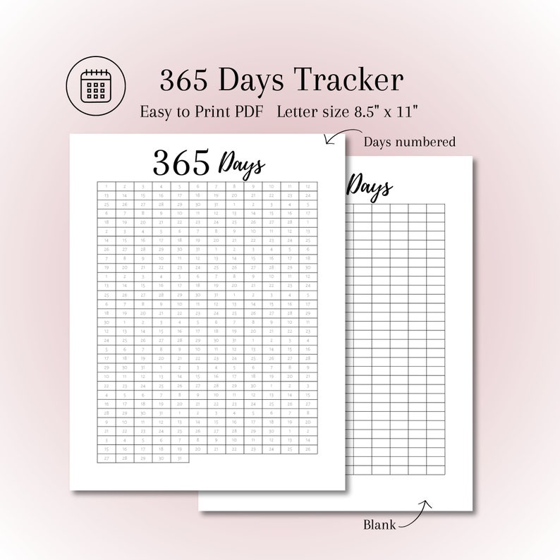 365 Days Tracker Printable PDF Year Calendar Goals Tracker Planner ...