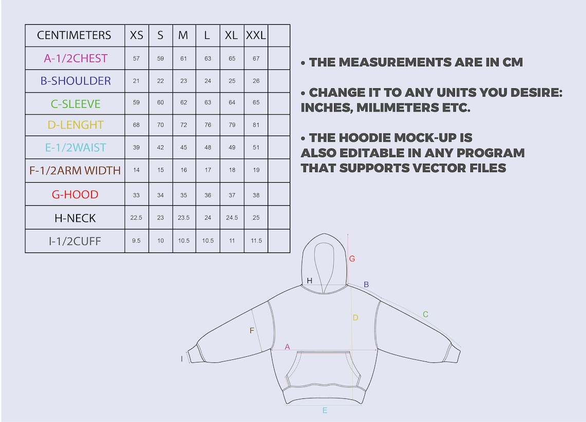 Editable Size Chart for Hoodie, SVG, Adobe Illustrator, PNG, PDF, Empty ...