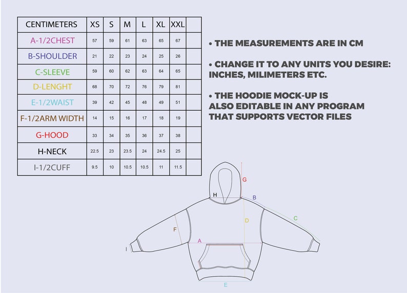 Editable Size Chart for Hoodie, SVG, Adobe Illustrator, PNG, PDF, Empty Size Chart Included ...