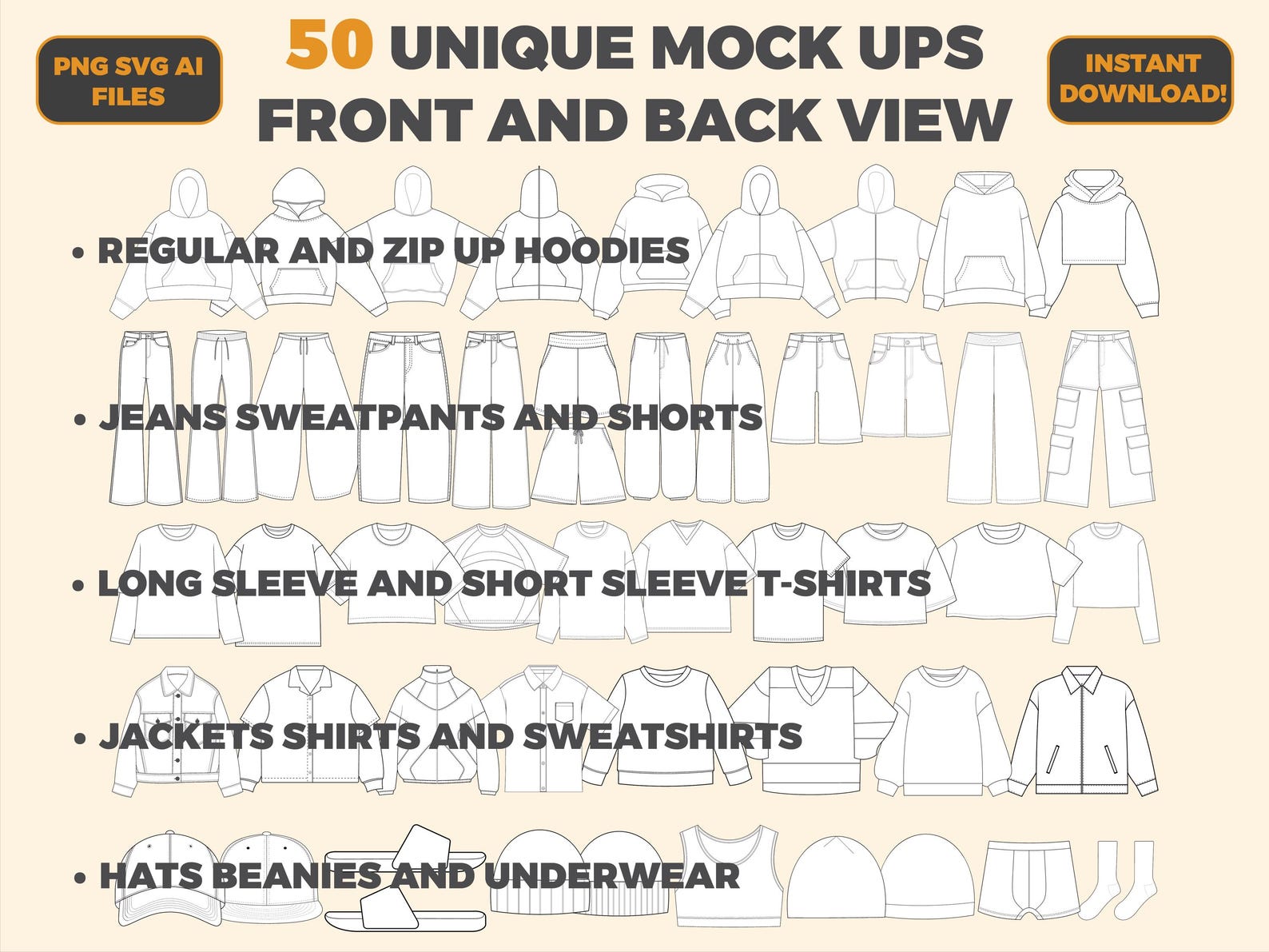 Clothing Vector Mockup Pack Streetwear Tech Pack Bundle Template ...