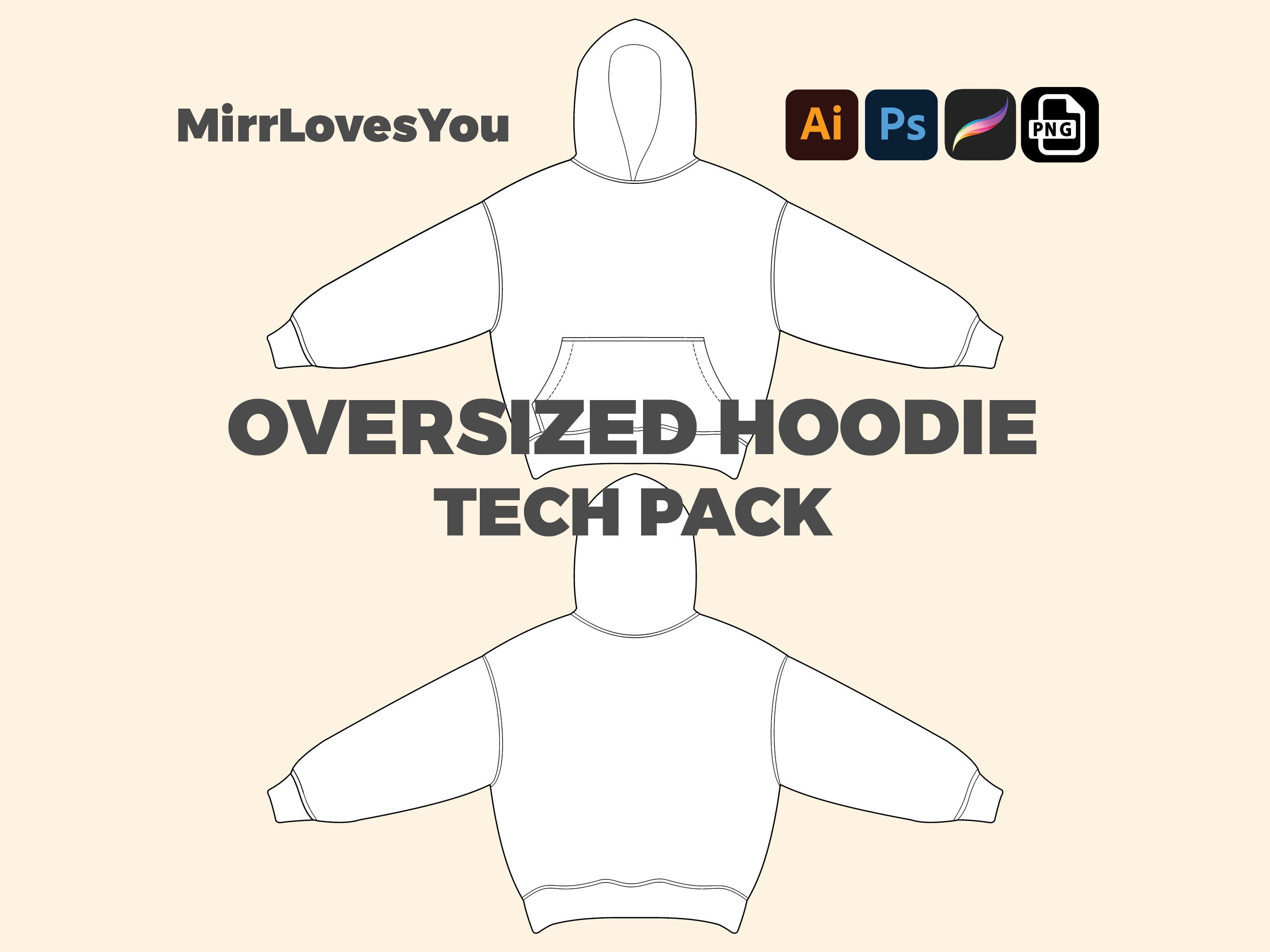 Oversized Streetwear Hoodie Mock up Vector Template Flat Sketch Adobe ...