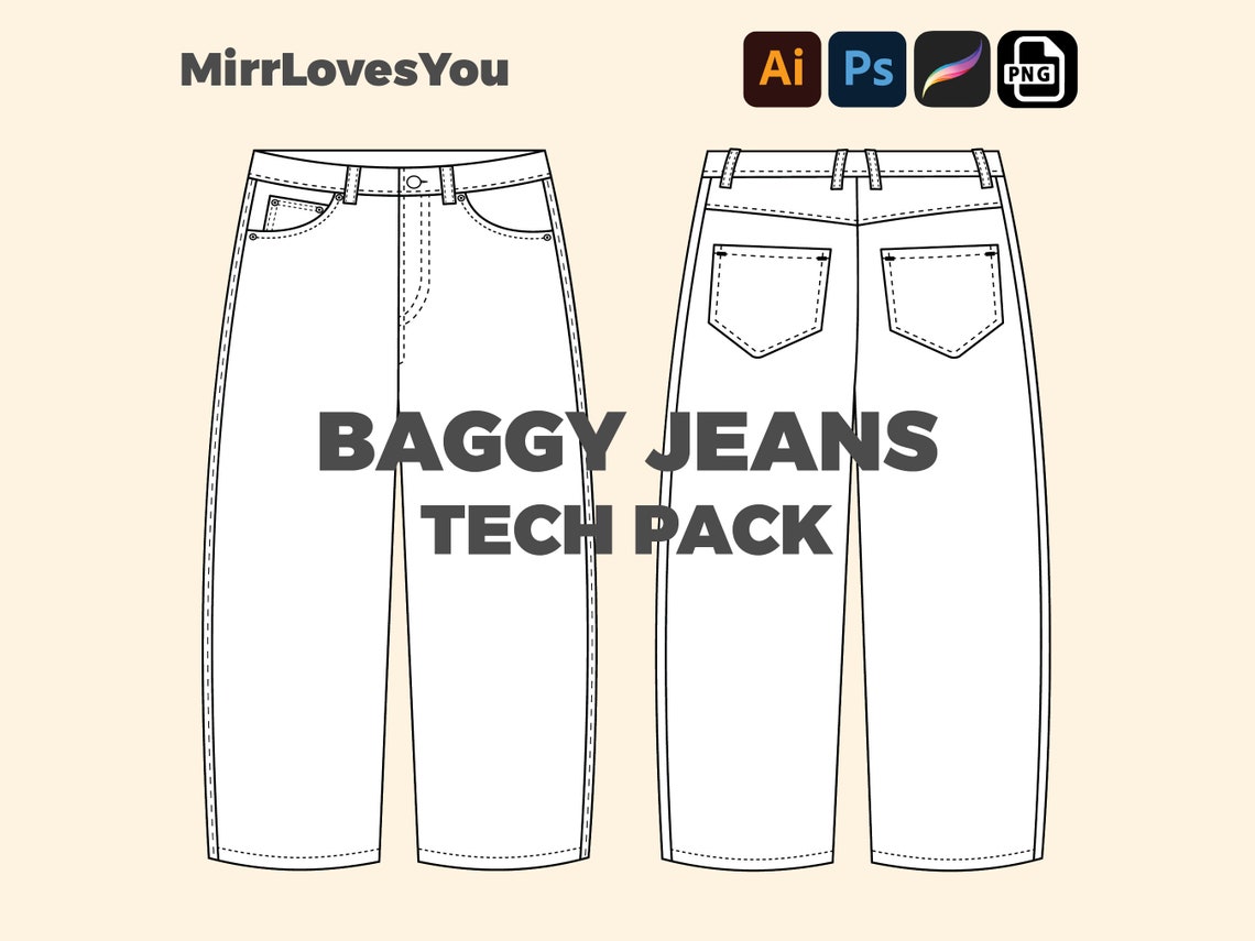 Baggy Streetwear Jeans Mock up Vector Template Adobe Illustrator, PNG ...