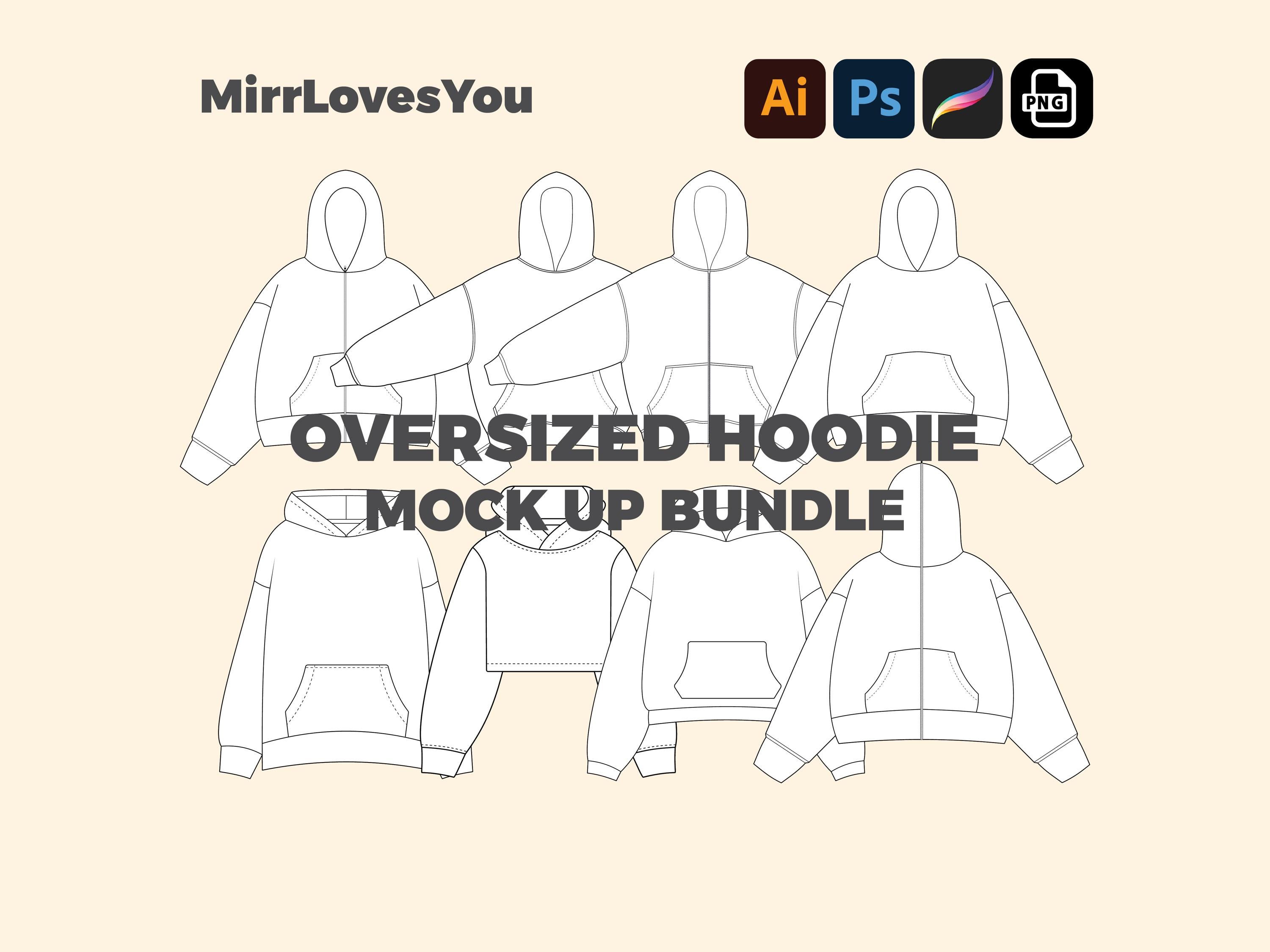 Oversized Hoodie Mock up Bundle Vector Template Flat Sketch Adobe ...