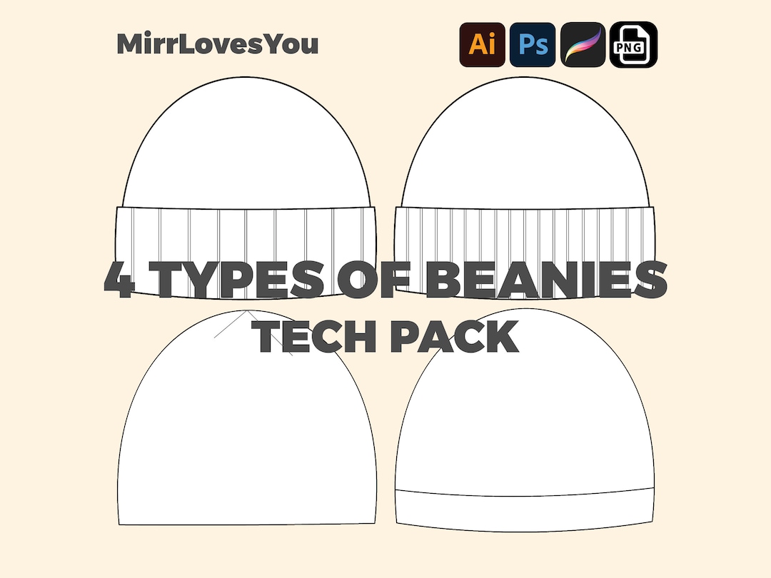 4 Types of Beanies Mock-up Editable Adobe Illustrator, PNG, Procreate ...