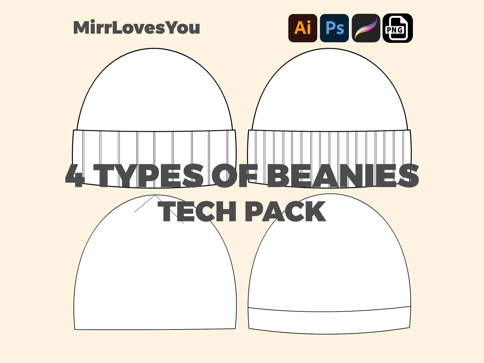 4 Types of Beanies Mock-up Editable Adobe Illustrator, PNG, Procreate ...