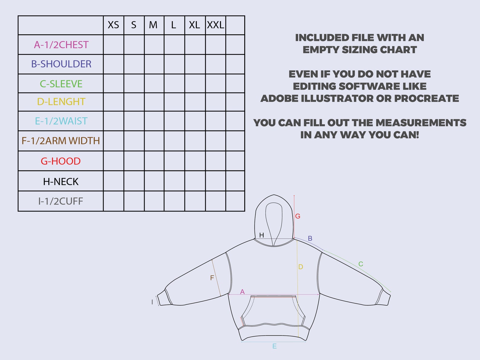 Editable Size Chart for Hoodie, SVG, Adobe Illustrator, PNG, PDF, Empty ...