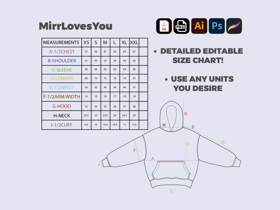 Editable Size Chart for Hoodie, SVG, Adobe Illustrator, PNG, PDF, Empty ...