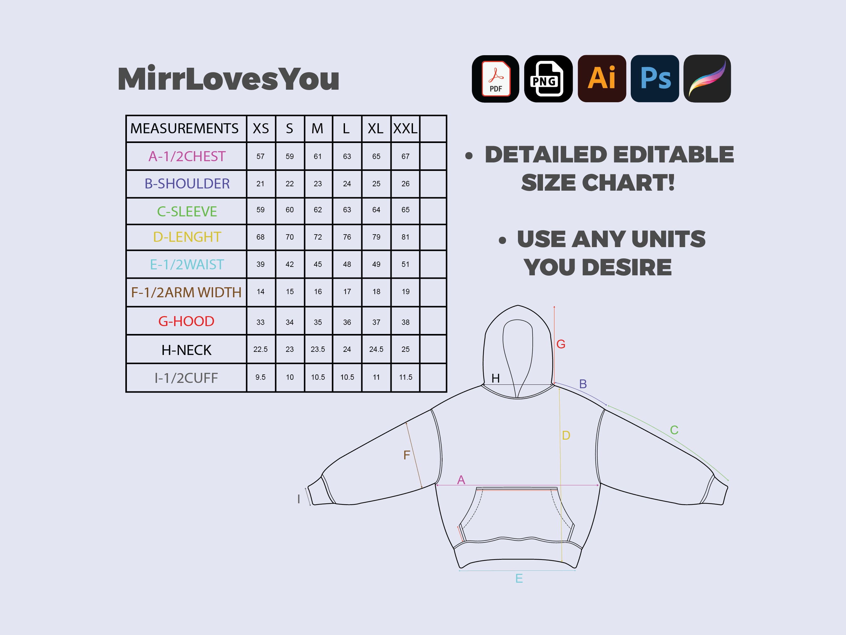 Editable Size Chart for Hoodie, SVG, Adobe Illustrator, PNG, PDF, Empty ...