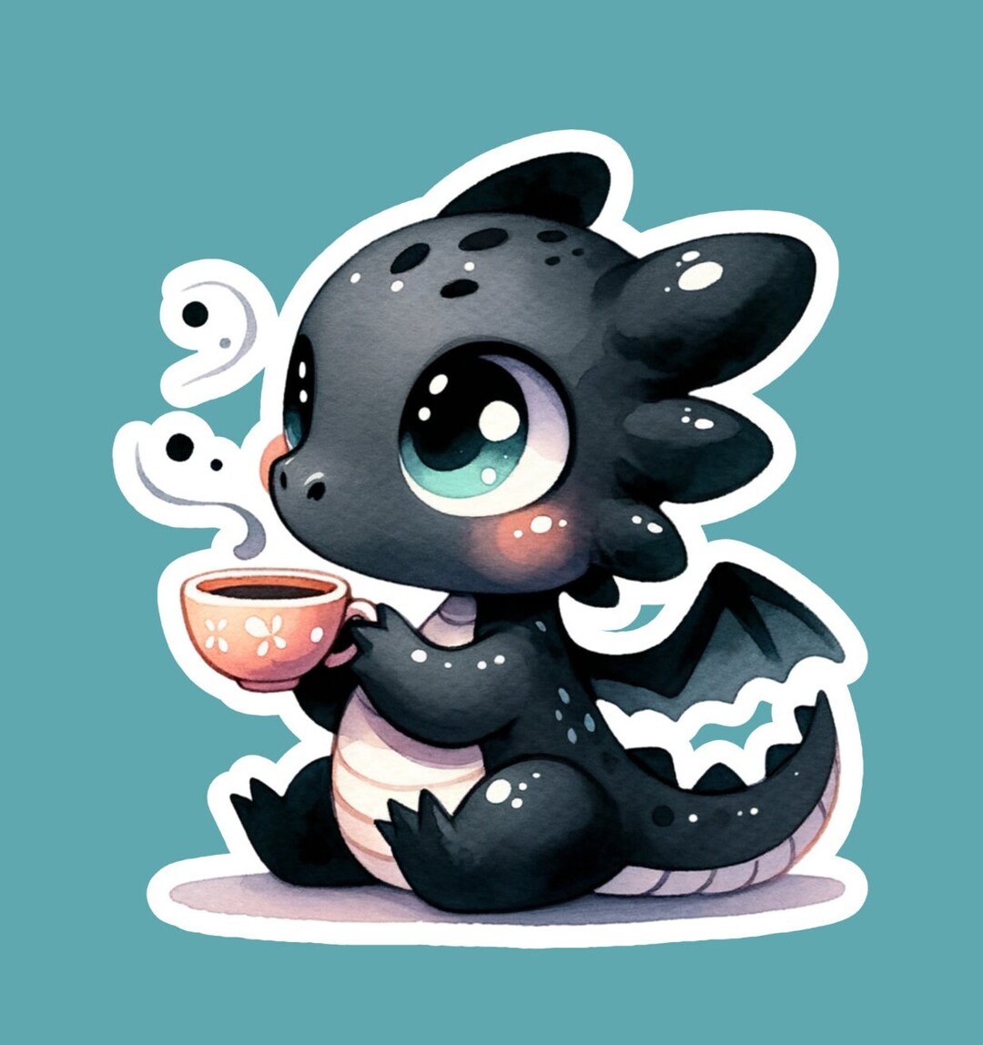 Little Black Dragon Drinking Tea/coffee Sticker, Mythical Creature ...