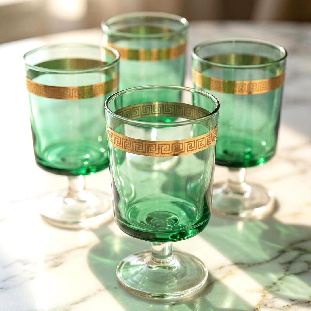 Vintage Emerald Green Stemware Set of 4 - Gold Greek Key Rim - Mid ...