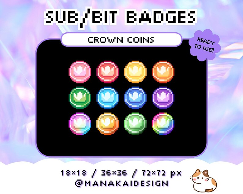 Crown Coins Twitch Sub Badge, Kawaii Pixel Bit Badge for Streaming ...