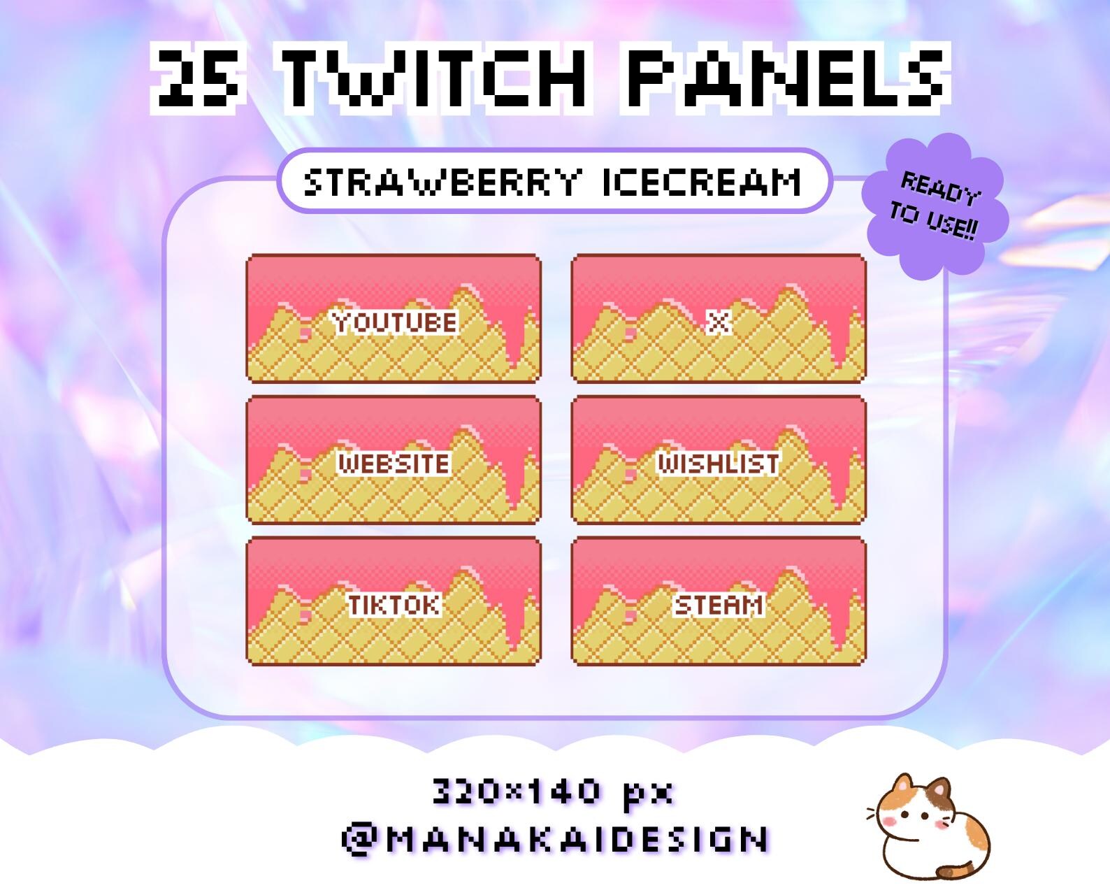 Strawberry Ice Cream Twitch Panel Pink Profile Set for Streaming Pastel ...