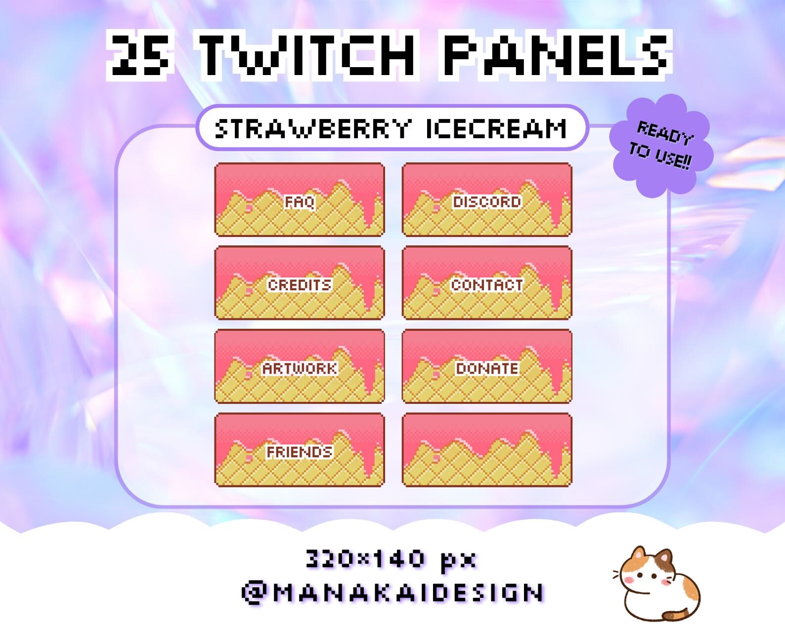 Strawberry Ice Cream Twitch Panel Pink Profile Set for Streaming Pastel ...