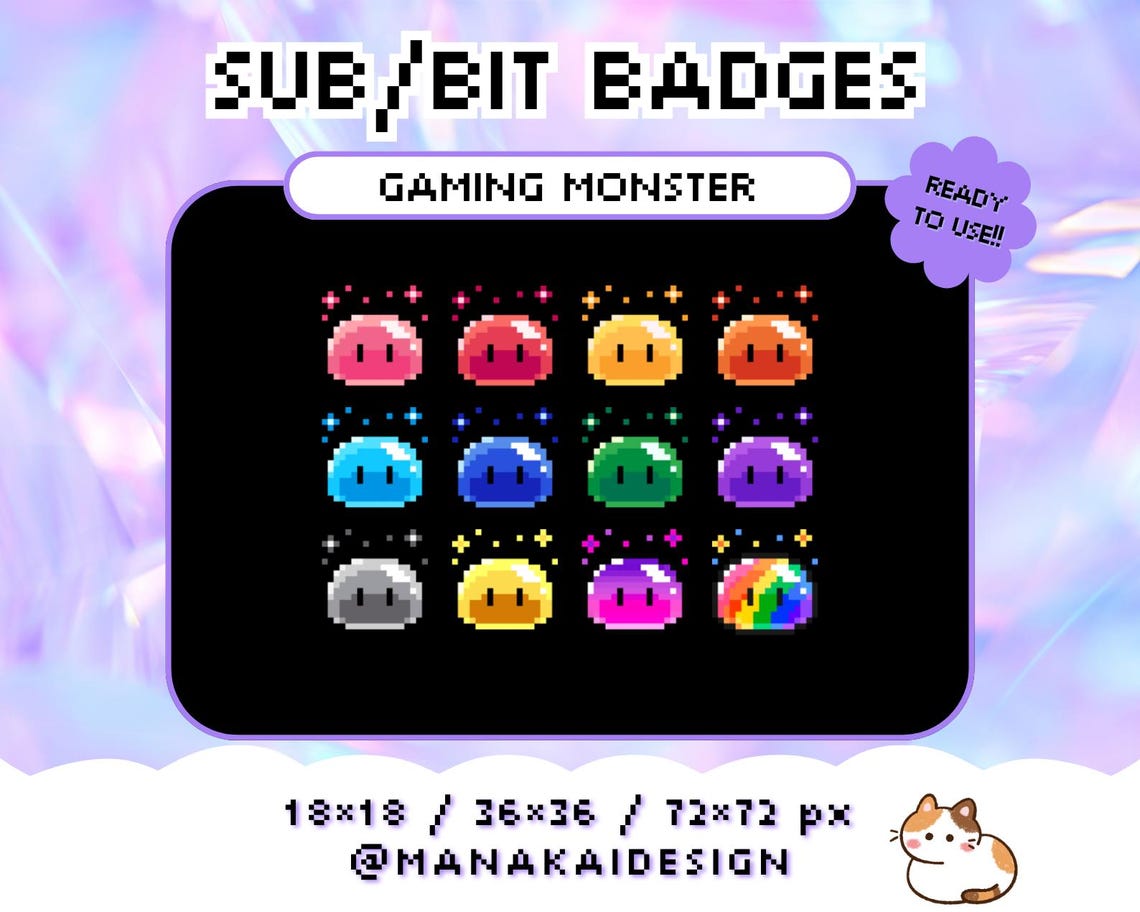 Gaming Monster Twitch Sub Badges, Kawaii Slime Pixel Art Bit Badge for ...
