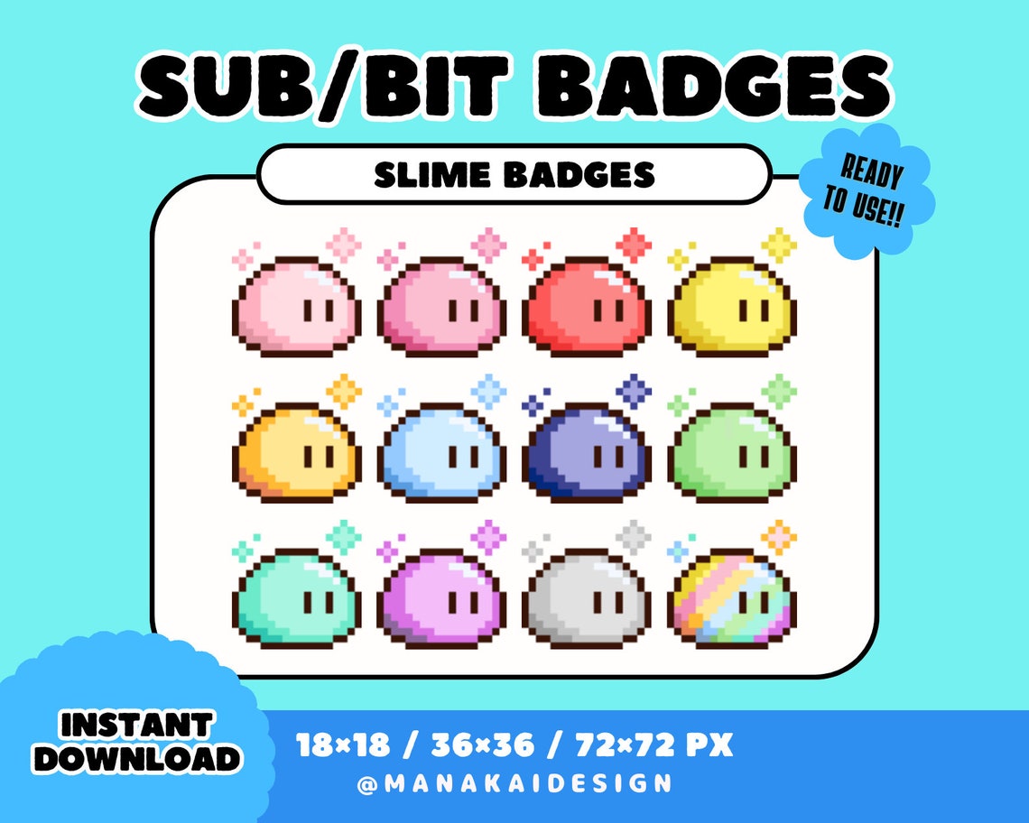 Slime Twitch Sub Badges, Kawaii Gaming Monster Pixel Art Bit Badge for ...