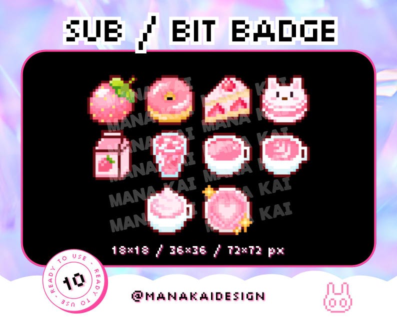 Strawberry Cafe Twitch Sub Badges | Kawaii Latte Bit Badge | Pink ...