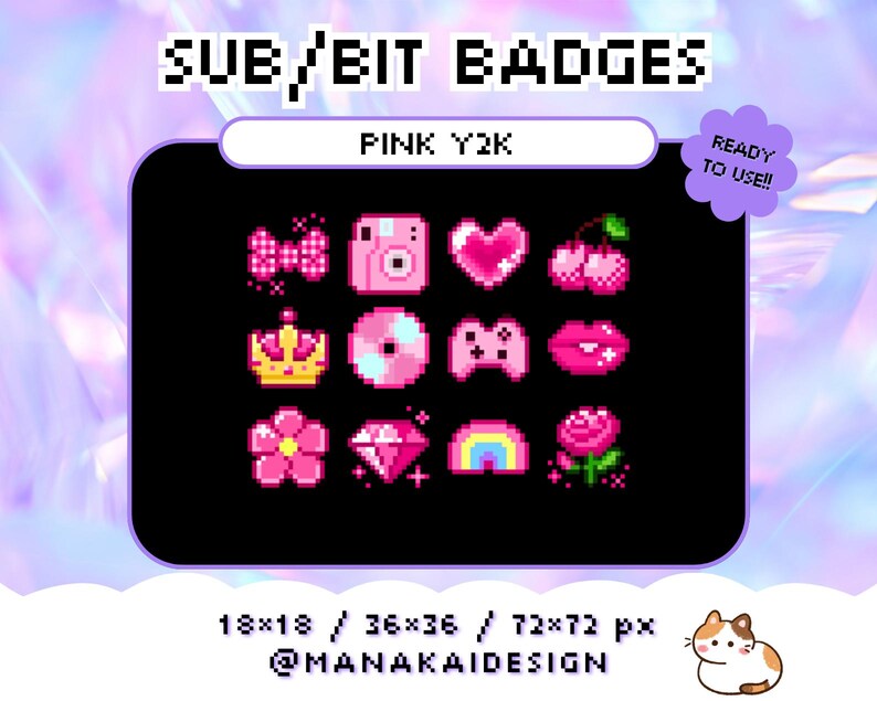 Hot Pink Y2K Twitch Sub Badge | Girly Retro Pixel Bit Badges | Crown ...