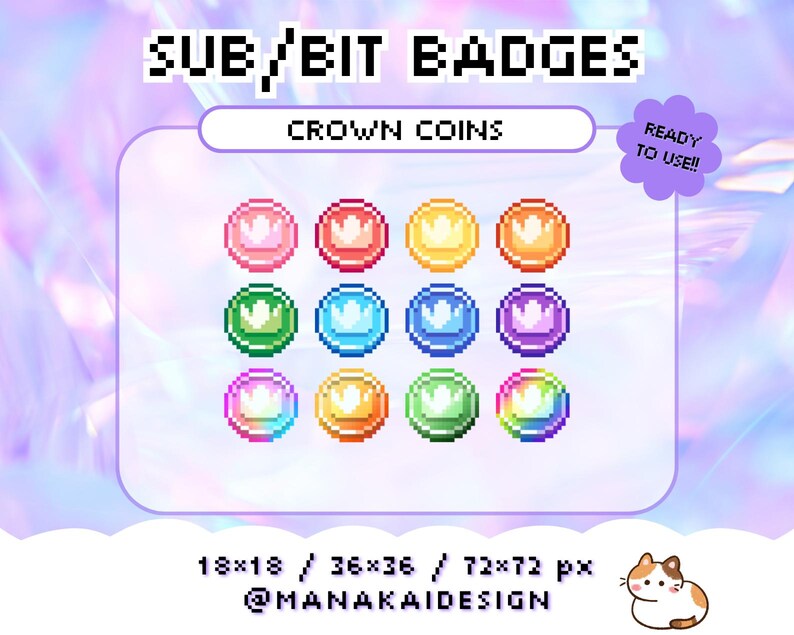 Crown Coins Twitch Sub Badge, Kawaii Pixel Bit Badge for Streaming ...