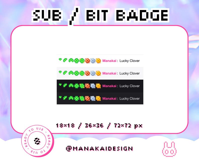 Lucky Clover Twitch Sub Badges | Kawaii Green Bit Badge | Pixel Four ...