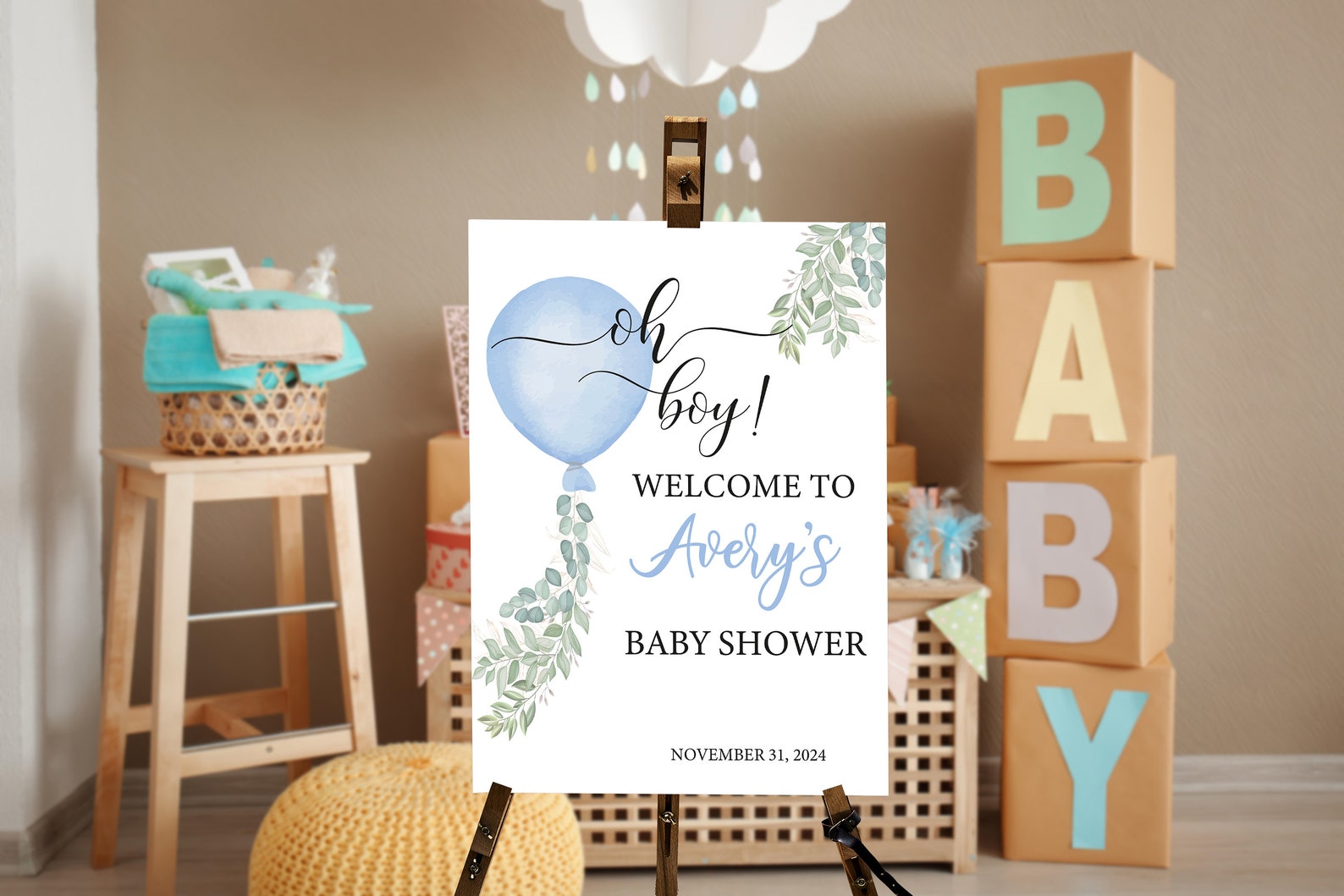 Editable Oh Boy Blue Welcome Sign, Greenery Blue Balloon Baby Shower ...