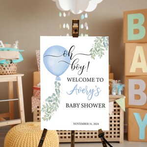 Editable Oh Boy Blue Welcome Sign, Greenery Blue Balloon Baby Shower ...