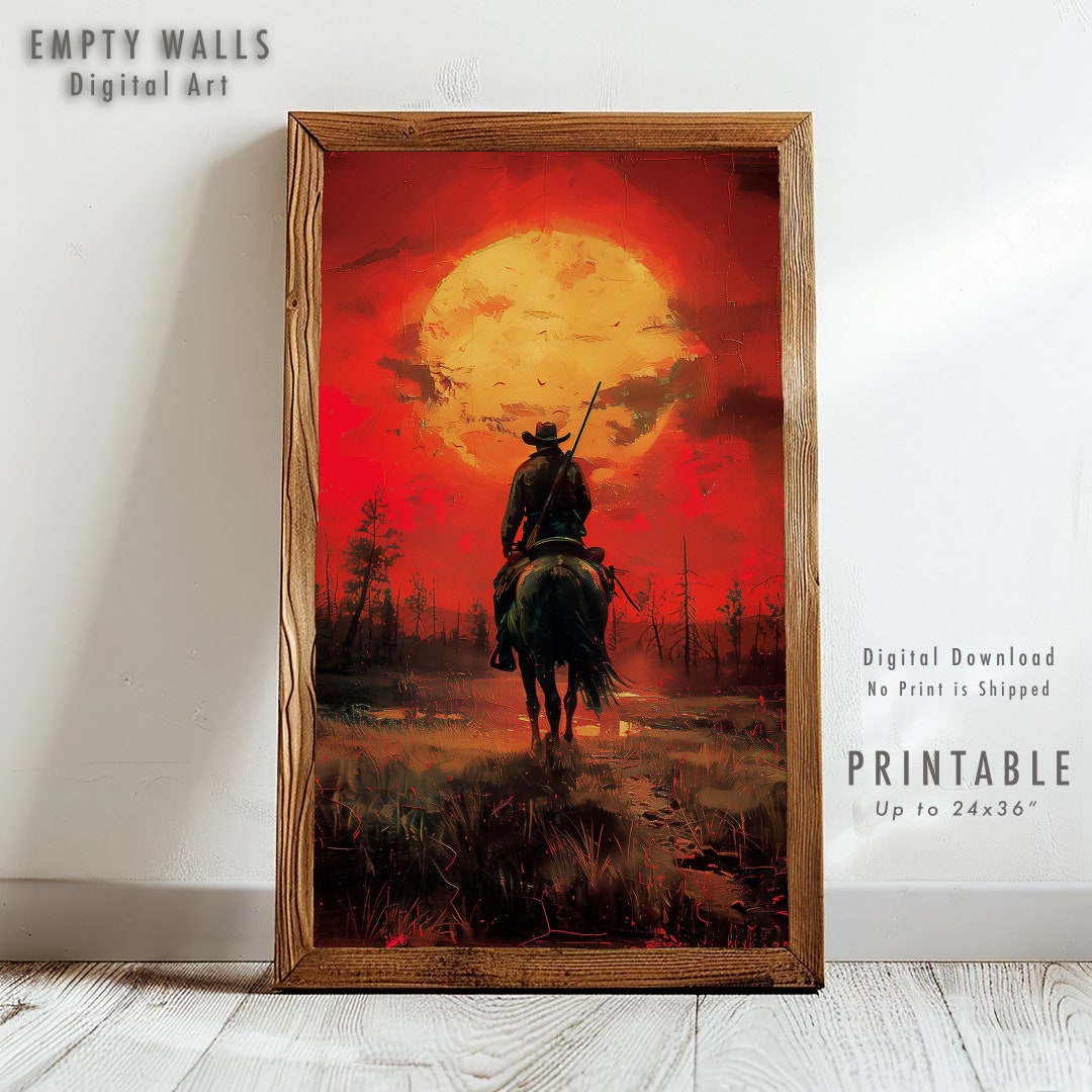 Western Sunset Cowboy Silhouette: Digital Ranch Art Print for Rustic ...