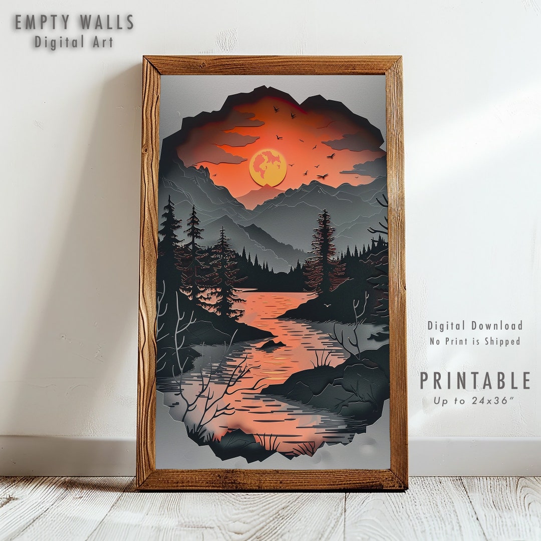 Ethereal Twilight Mountain Lake: Layered Papercut Art Print - Digital ...