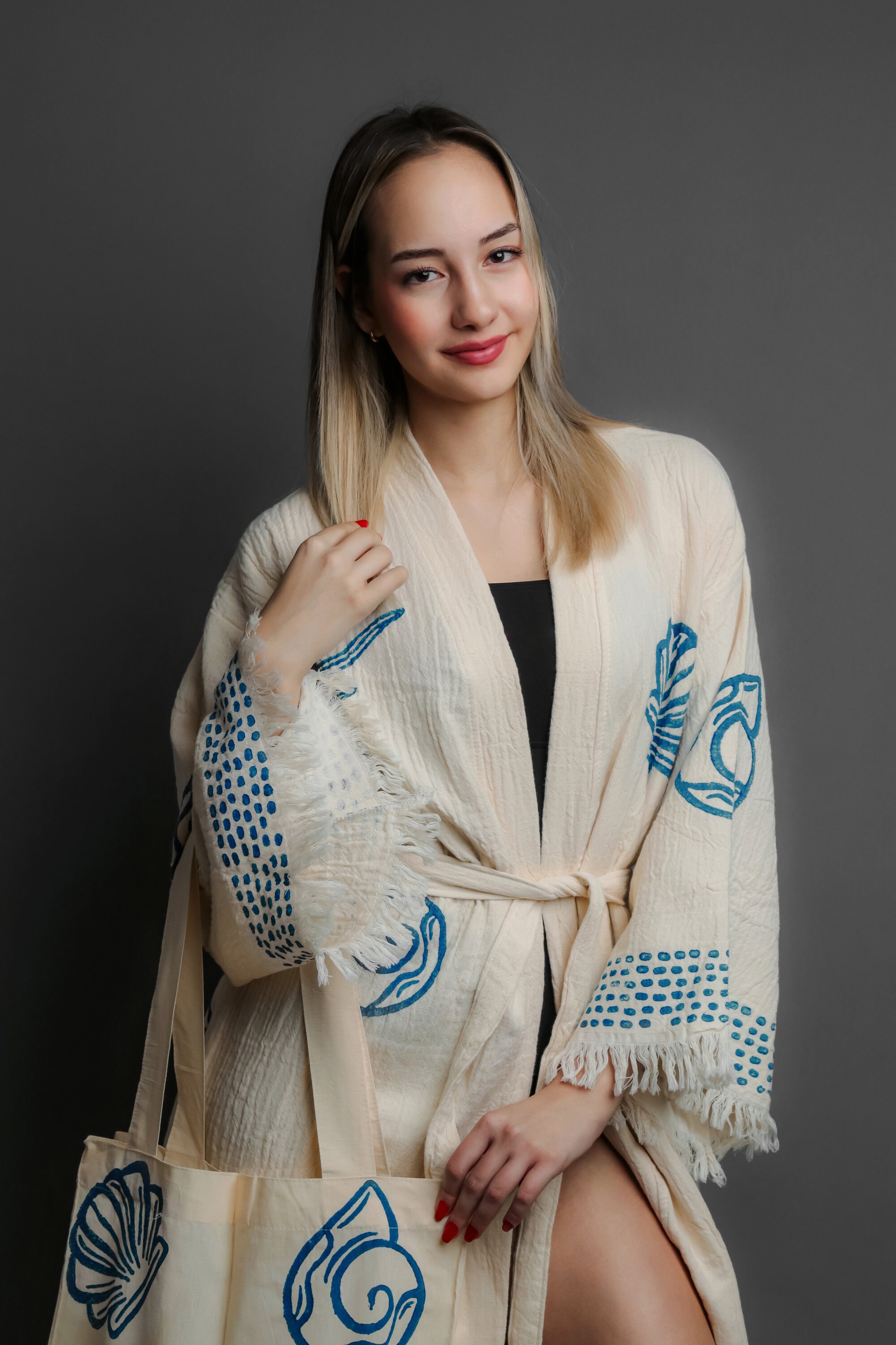 Iconium Turkish, Seashell Printed Muslin Ethnic Kimono, Bathrobe, Boho ...