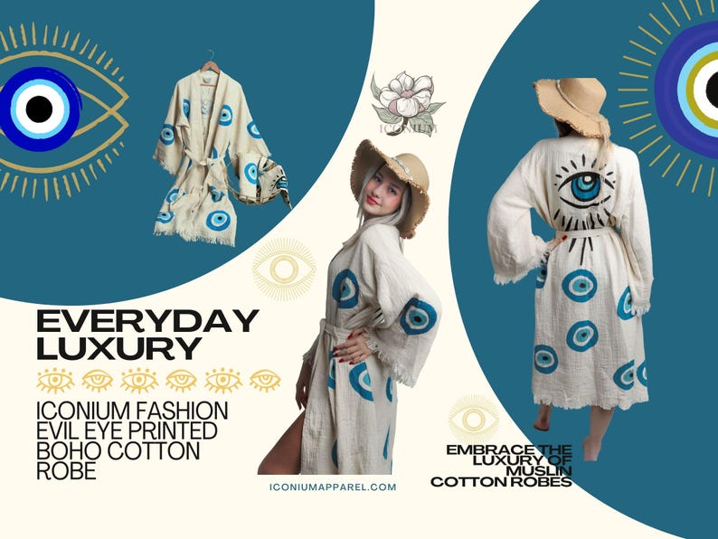 Iconium, Turkish, Evil Eye Printed, Muslin Ethnic Kimono, Bathrobe ...