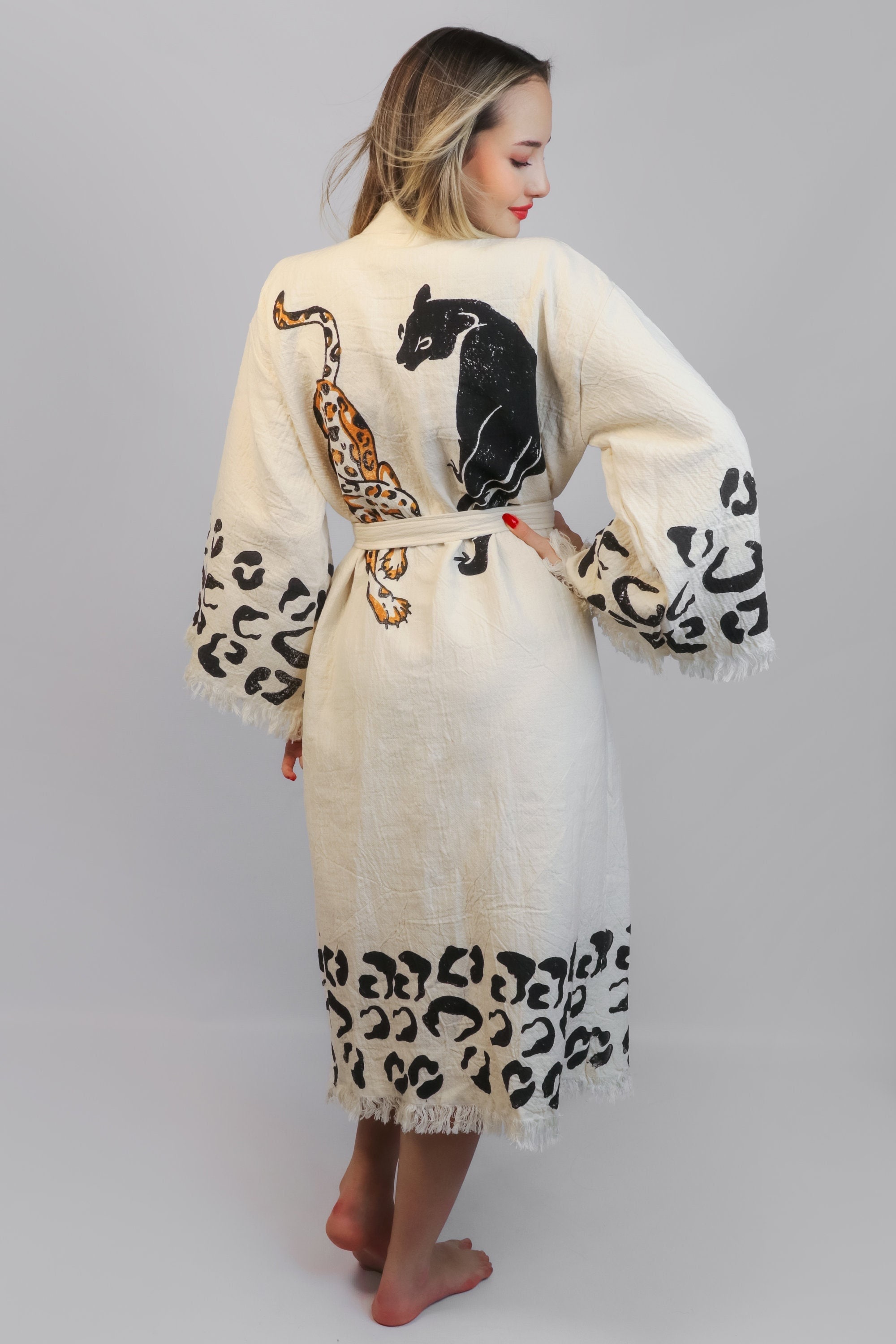 Iconium Turkish, Leopard Printed, Muslin Ethnic Kimono, Bathrobe, Boho ...