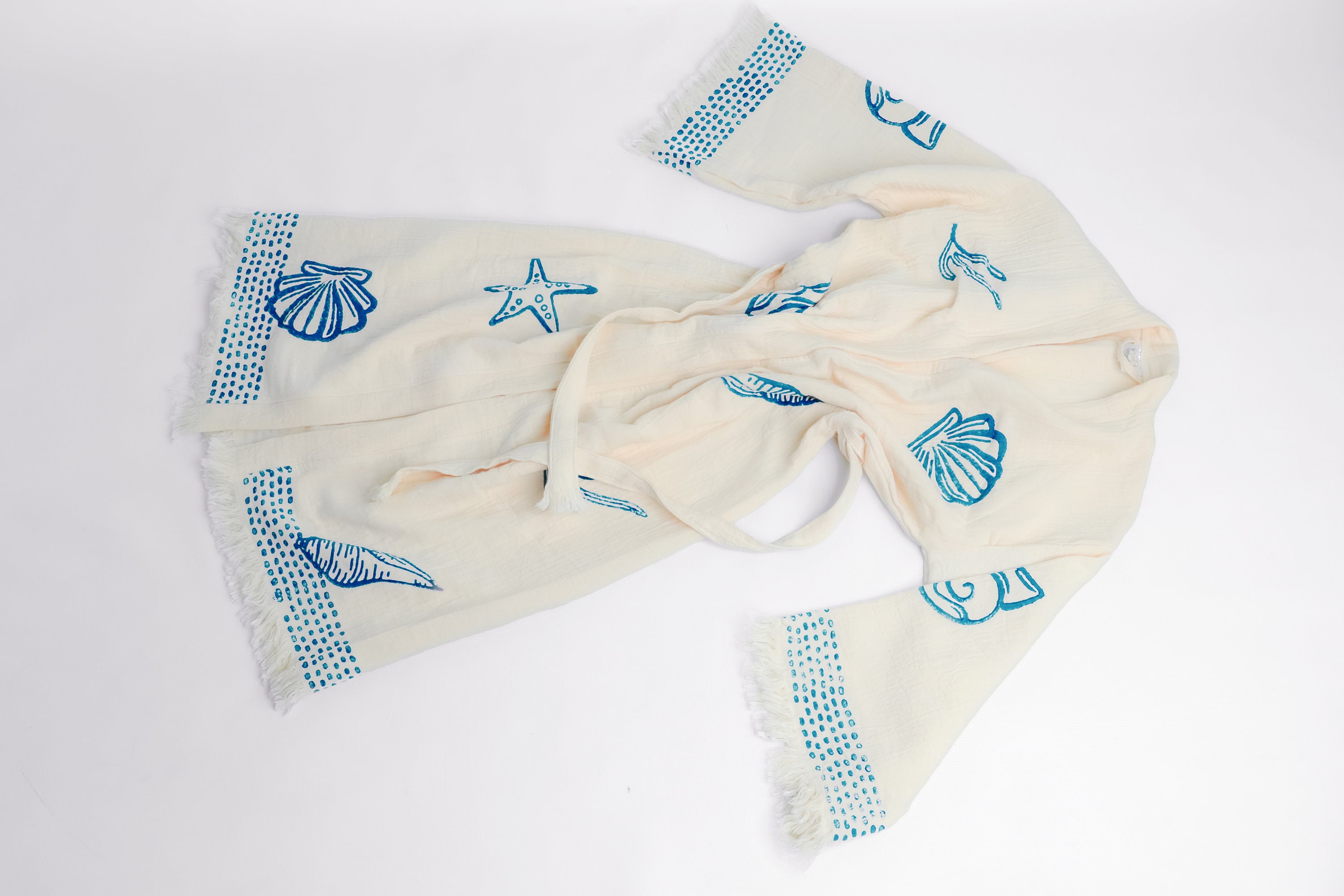 Iconium Turkish, Seashell Printed Muslin Ethnic Kimono, Bathrobe, Boho ...