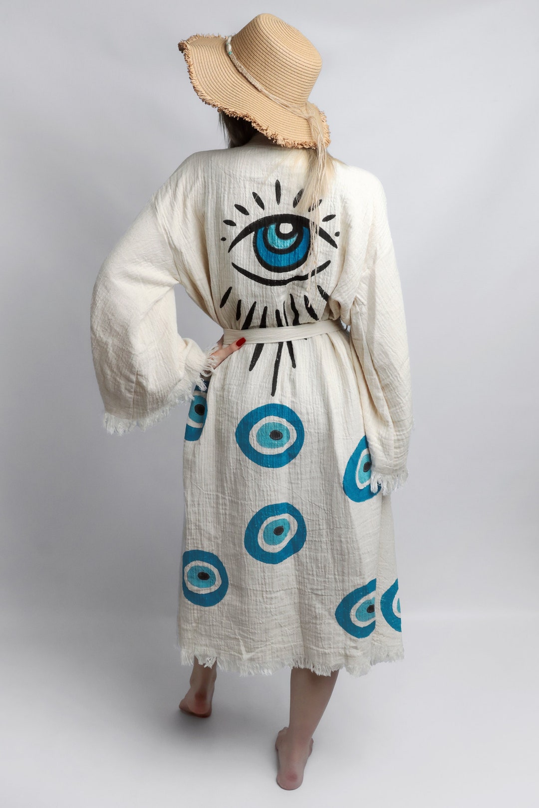Iconium, Turkish, Evil Eye Printed, Muslin Ethnic Kimono, Bathrobe ...