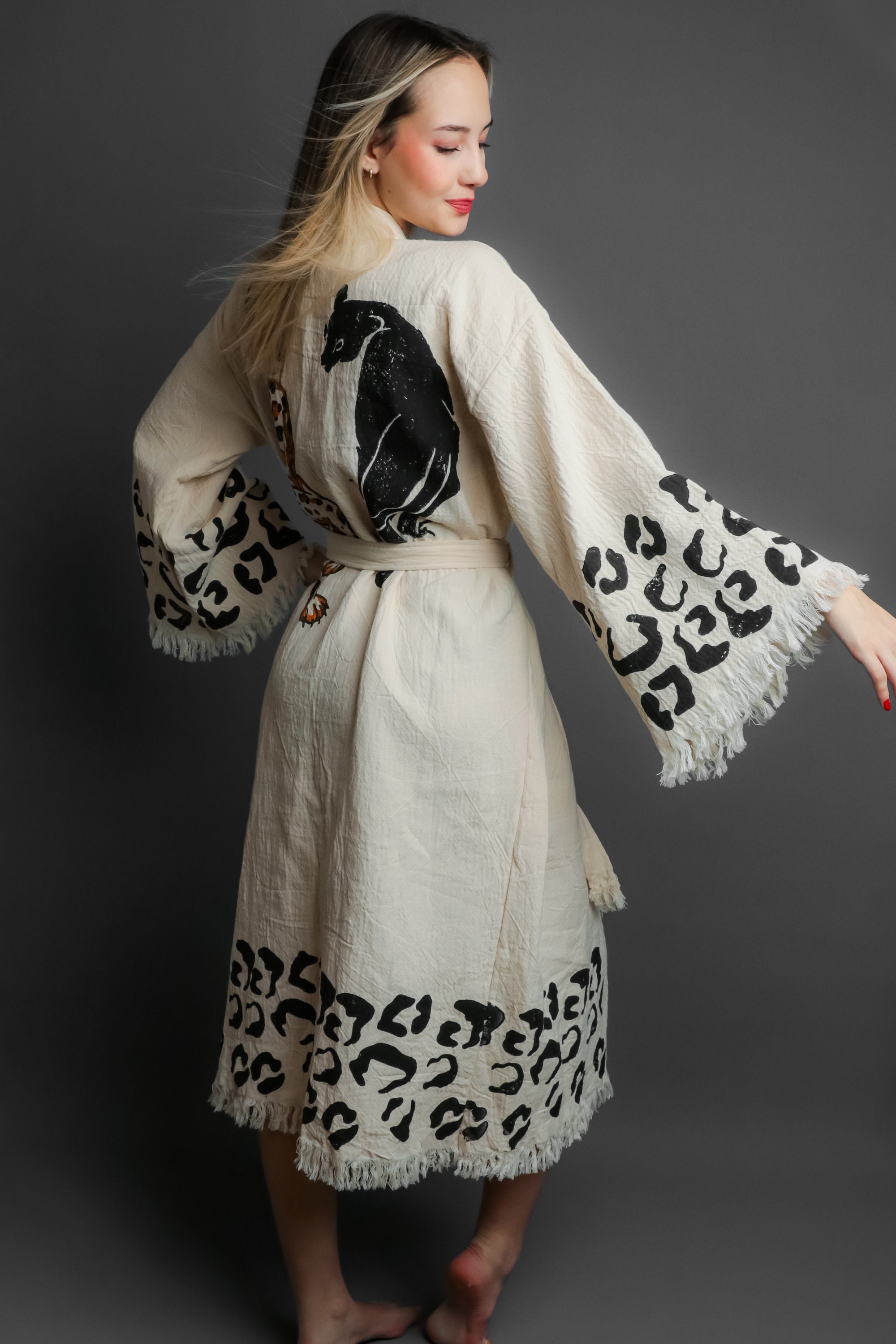 Iconium Turkish, Leopard Printed, Muslin Ethnic Kimono, Bathrobe, Boho ...