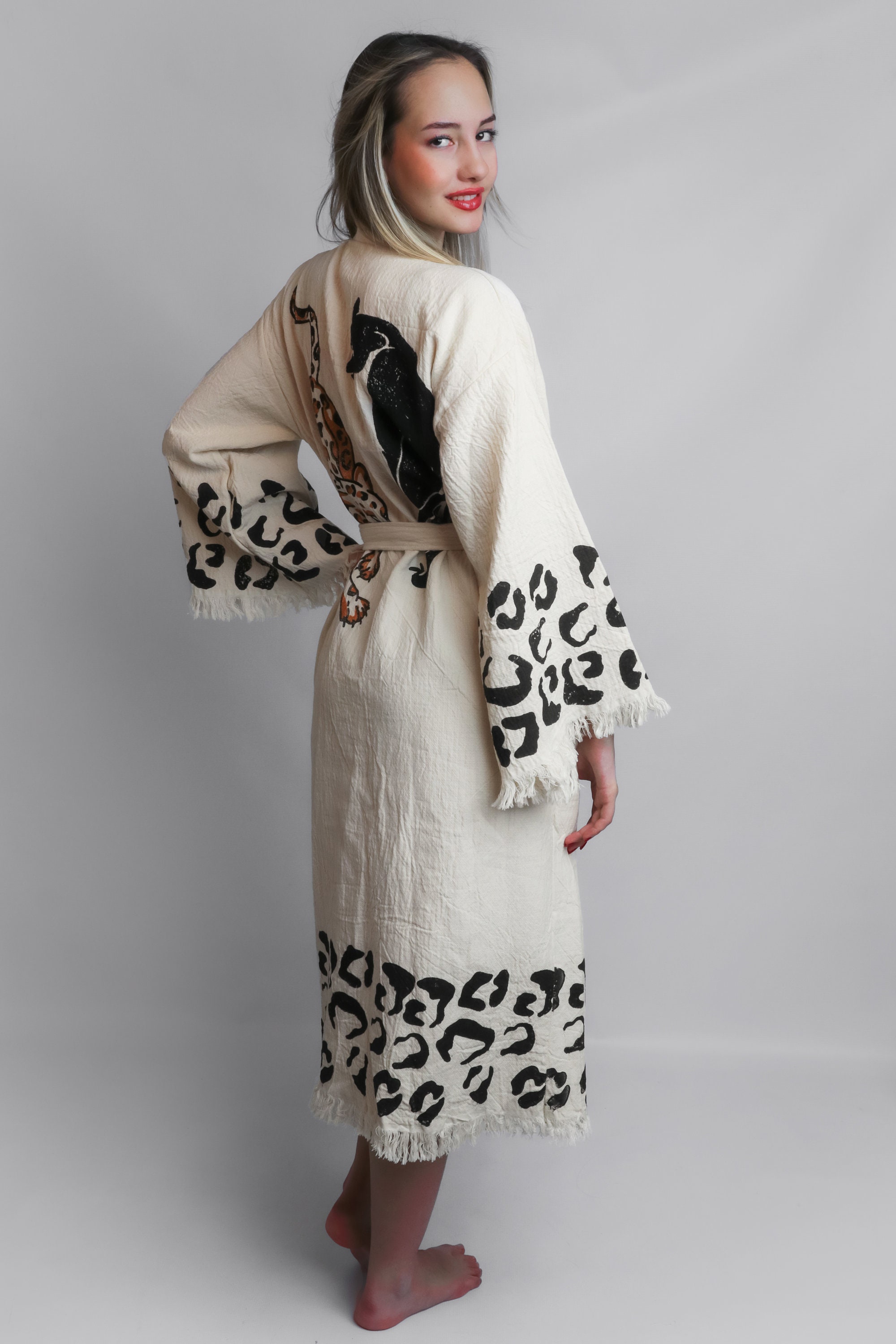 Iconium Turkish, Leopard Printed, Muslin Ethnic Kimono, Bathrobe, Boho ...