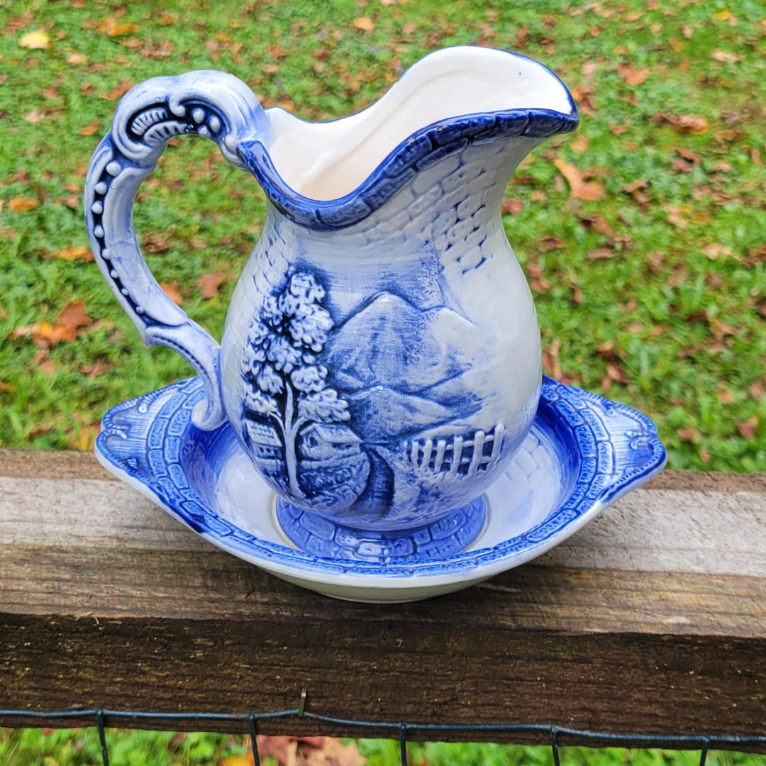 Vintage White and Blue Water Pitcher and Bowl Embossed With a Water ...