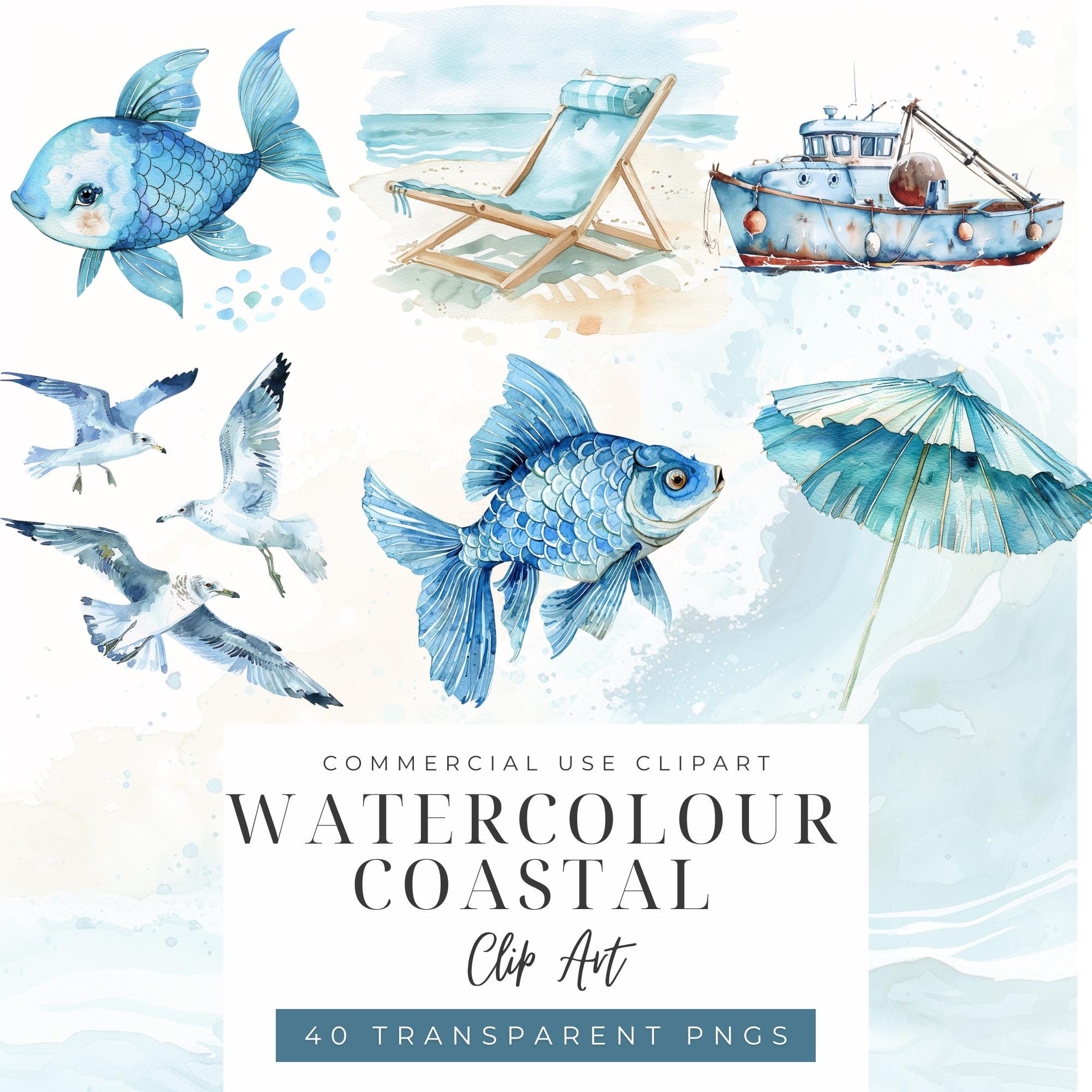 Watercolor Coastal Clip Art, Summer Seascape Nautical Beach, Beach Clip ...