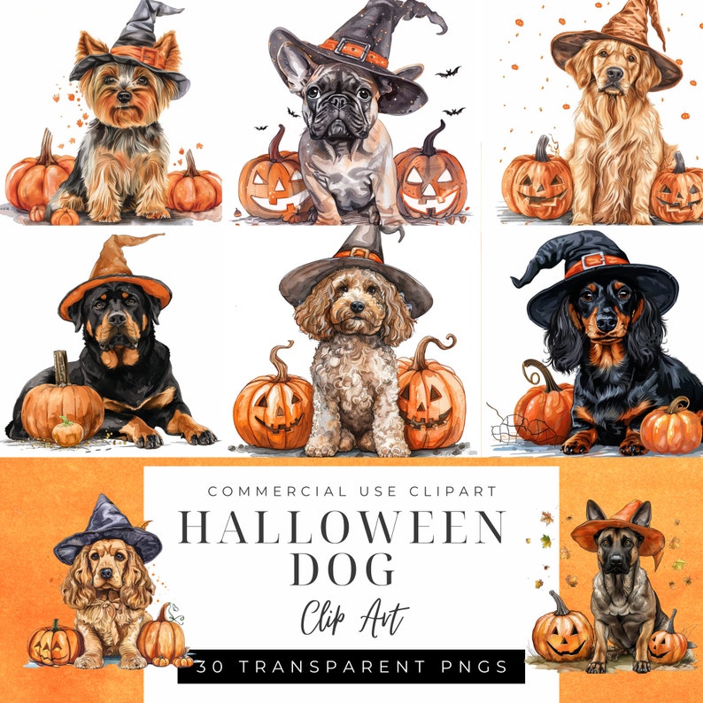 Halloween Dog Clipart Bundle, Watercolour Halloween Clip Art, Dog Clip ...