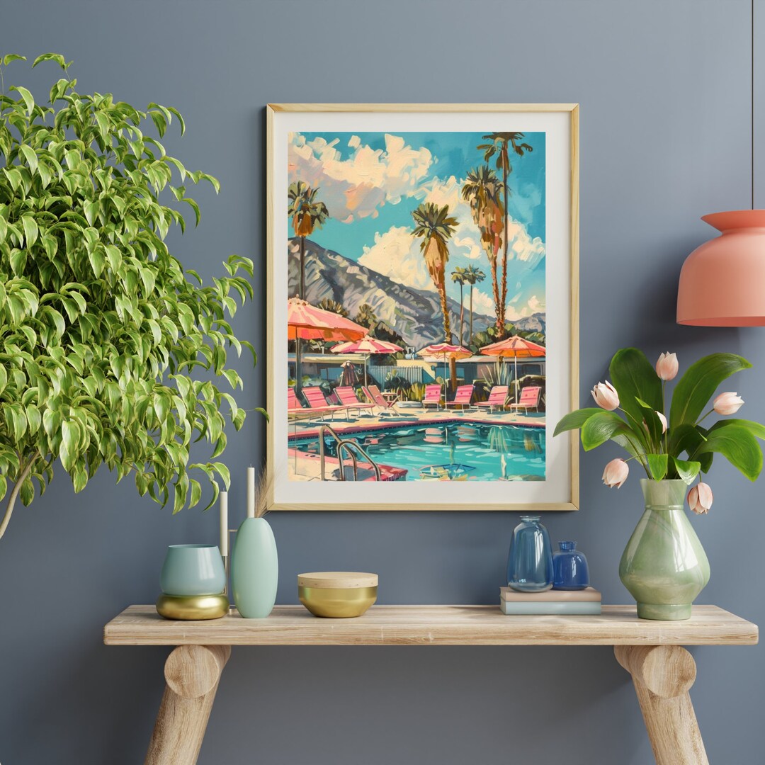 Retro Palm Springs Pool Print, Pink Preppy Beach Wall Art, Palm Springs ...