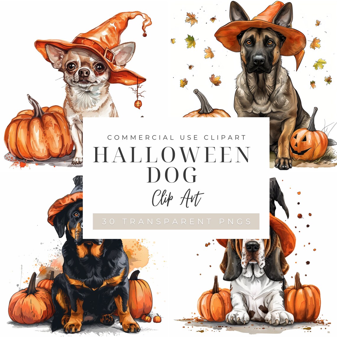 Halloween Dog Clipart Bundle, Watercolour Halloween Clip Art, Dog Clip ...