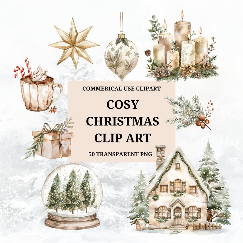 Watercolour Christmas Clip Art, Cozy Christmas, Neutral Christmas, Boho ...