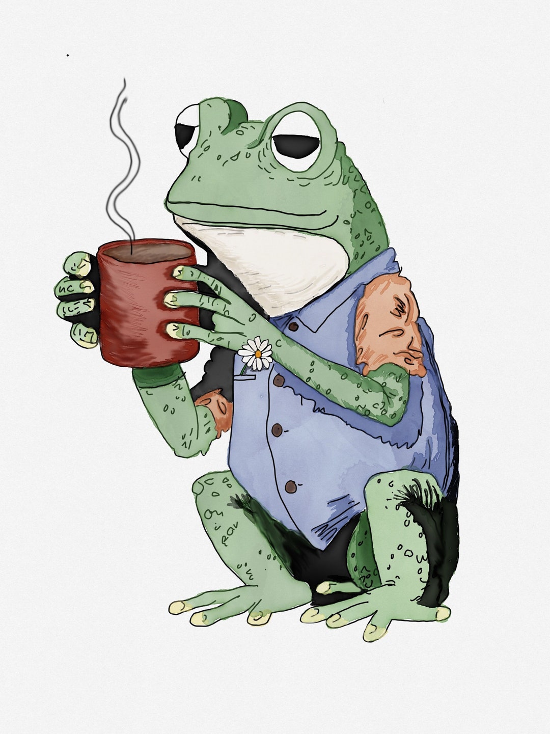 Thaddeus the Frog: Digitally Watercolored Frog Drinking Coffee - Etsy