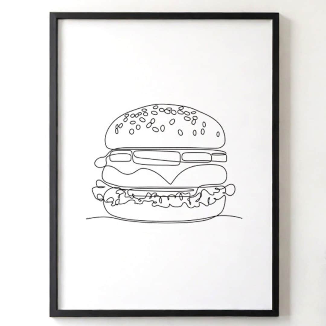 Burger Line Art, Fast Food, Tomatos, Salad, Grilled, Cheese, Minimalist ...