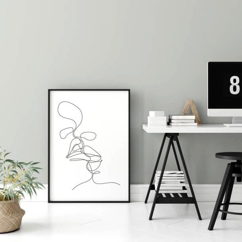Abstract Couple Kissing One Line Art Print: Minimalist Home Decor ...